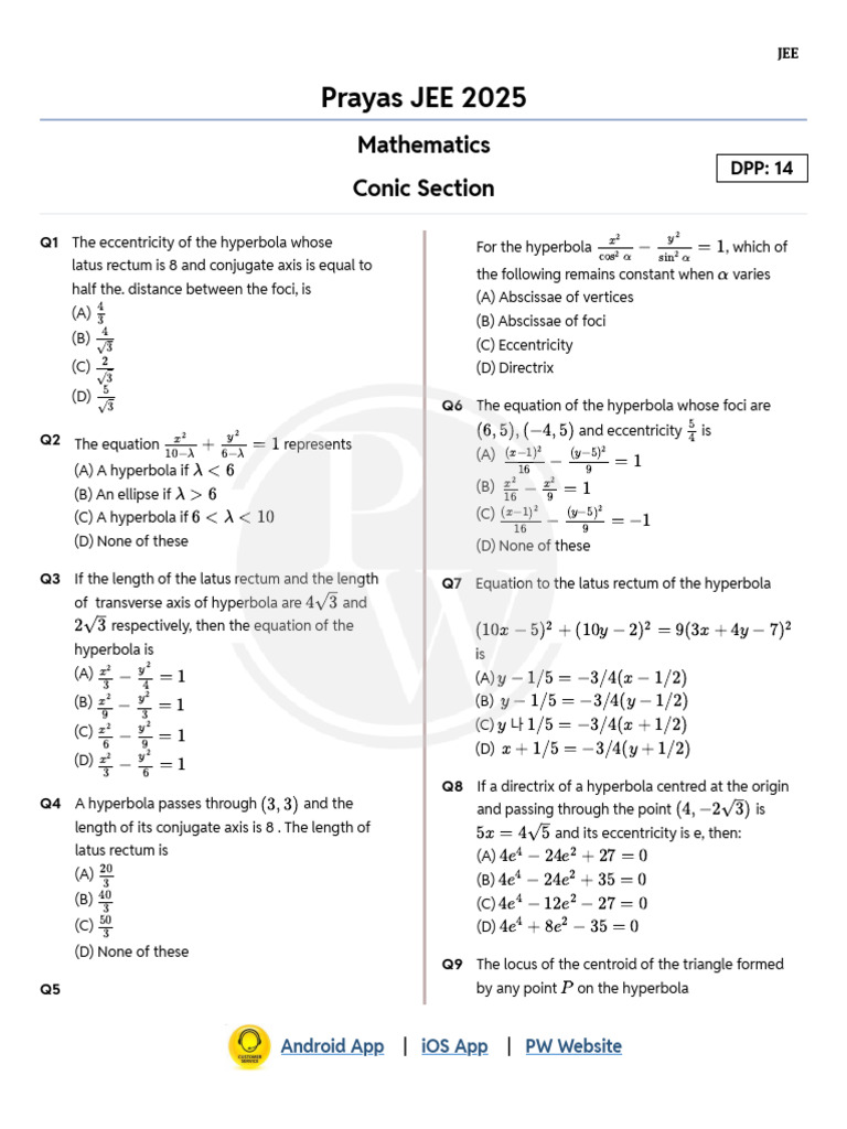 Conic Section _ DPP 14 (Of Lec 26) __ Prayas JEE 2025 | PDF | Manifold | Differential Geometry
