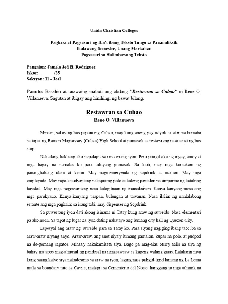 Pagsusuri NG Halimbawang Tekstong Naratibo - Restawran Sa Cubao | PDF