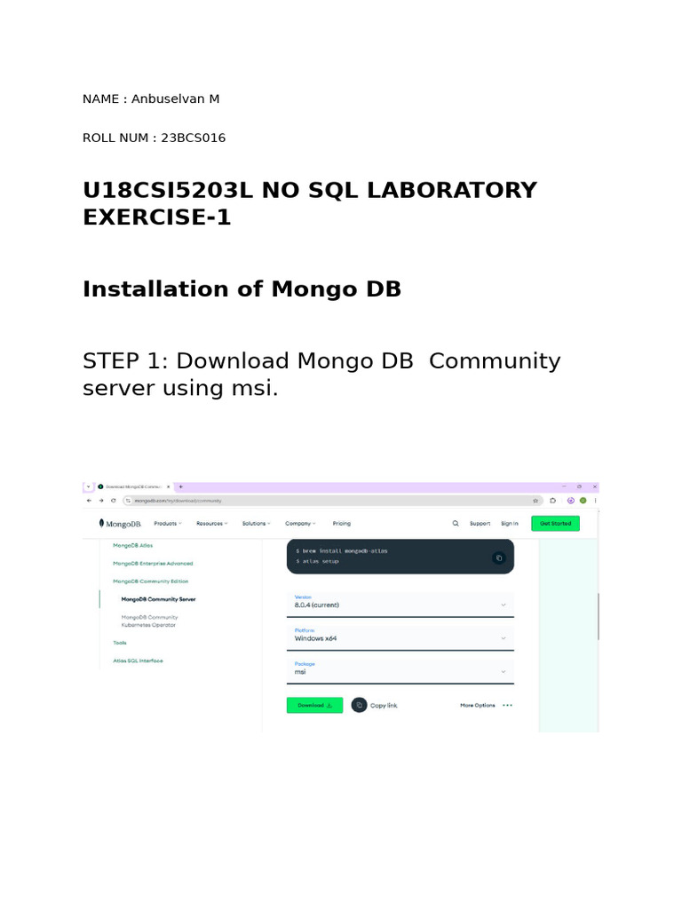 Ex1 23BCS016 MongoDB Installation | PDF