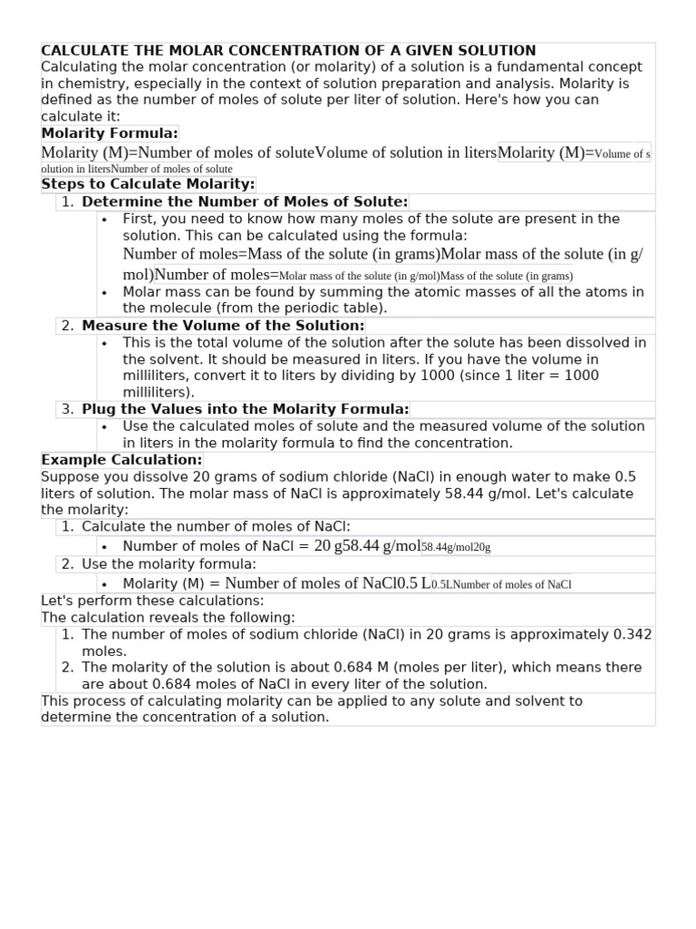 Molar Concentration Calculation Guide | PDF
