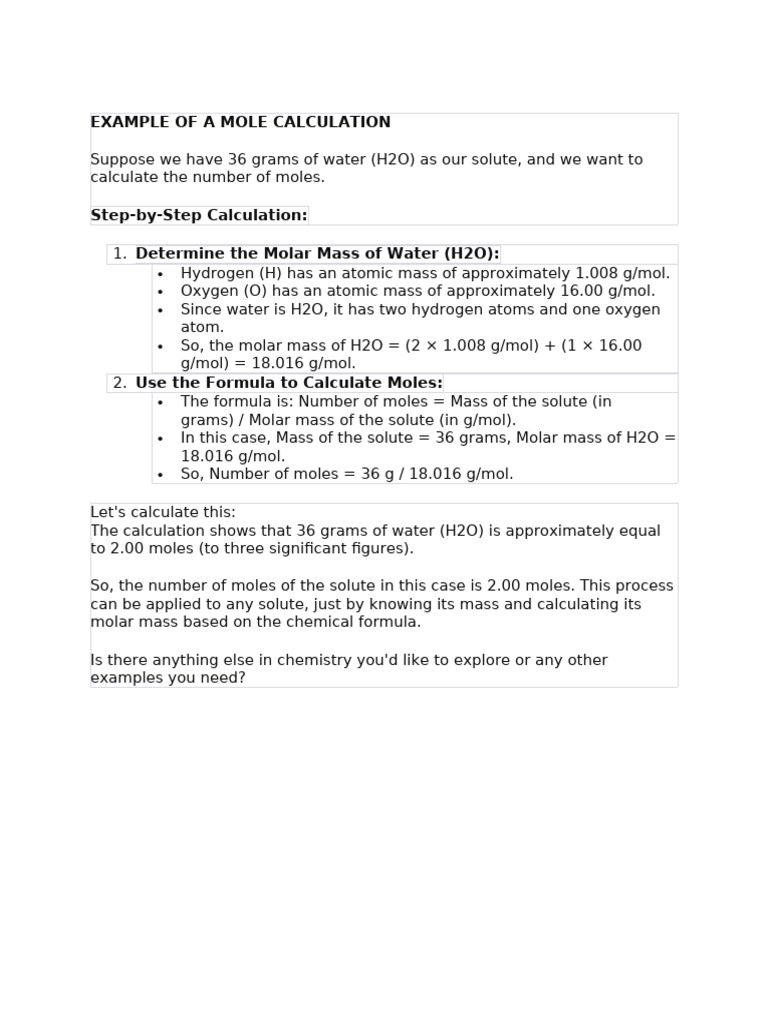 Molar Calculation Example for Water | PDF