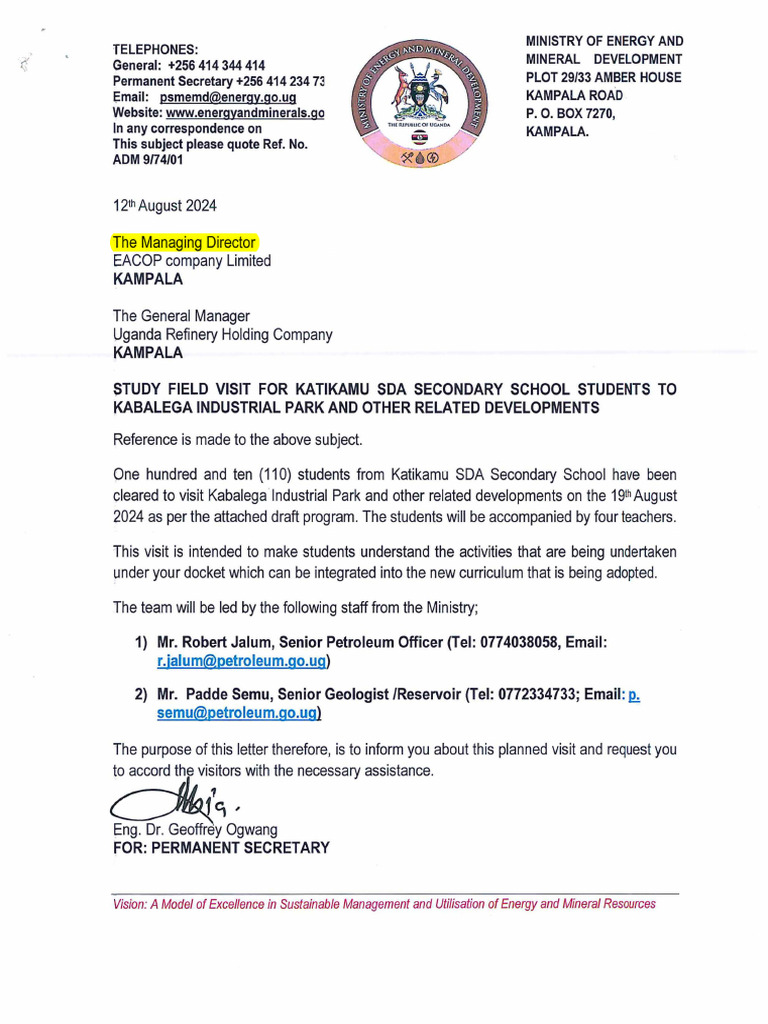 Study Field Visit for Katikamu SDA Secondary School Students to ...