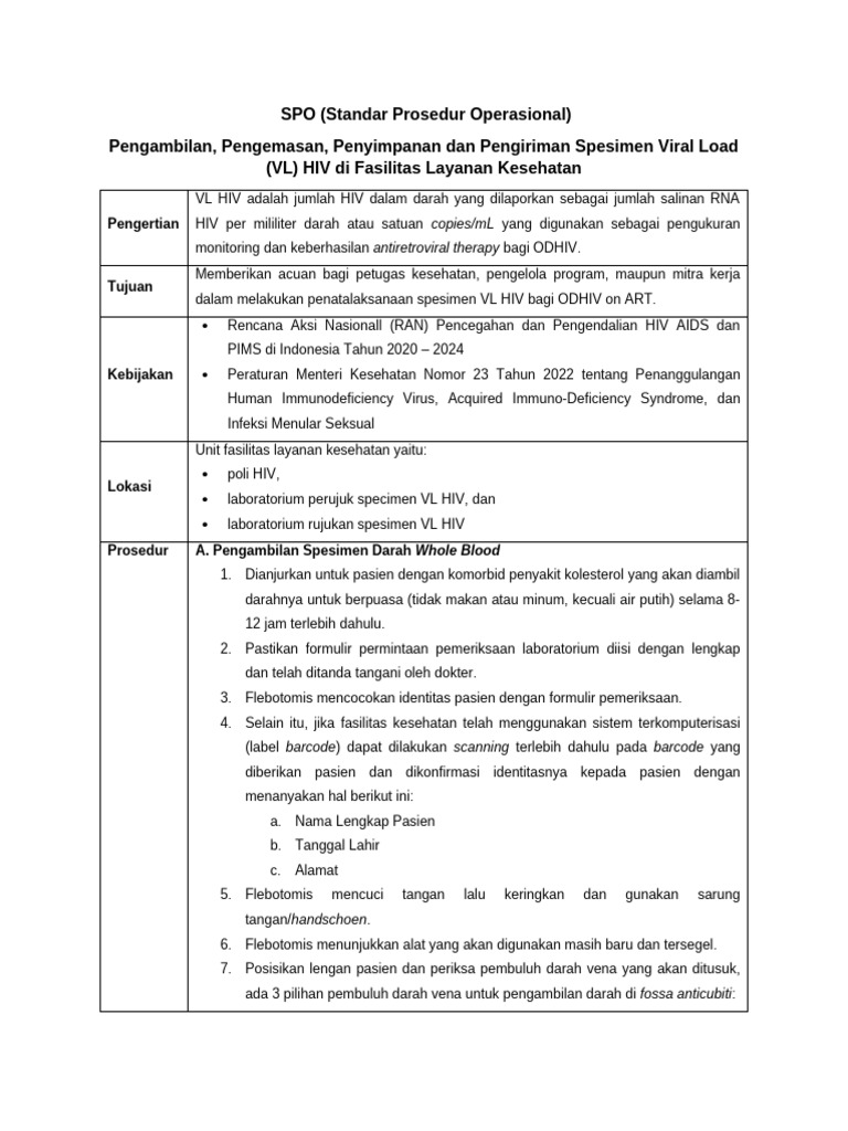SOP Pengambilan, Pengemasan, Penyimpanan Dan Pengiriman Spesimen Viral Load (VL) HIV Di ...