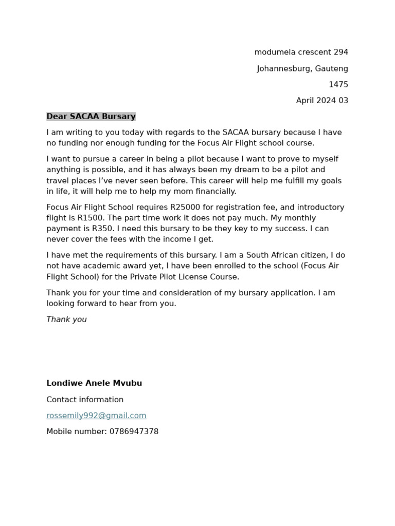 SACAA Bursary Application for Pilot Training | PDF