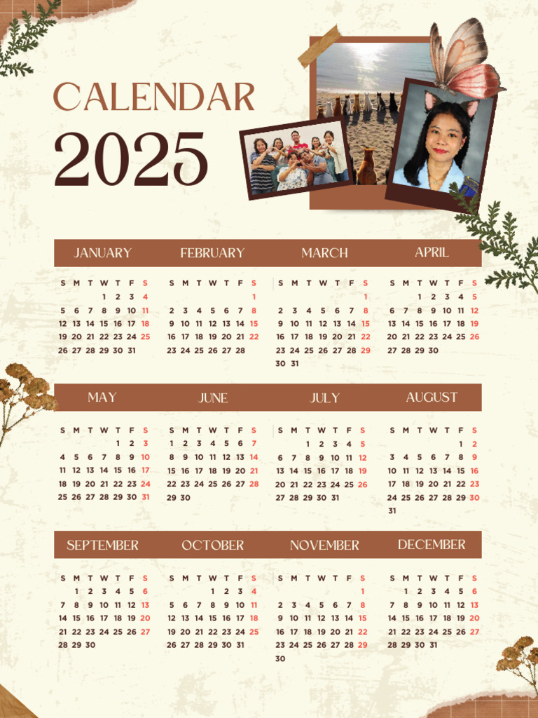 Brown Beige Photo Collage Calendar 2025 A3 Document (8.5 x 11 in) | PDF