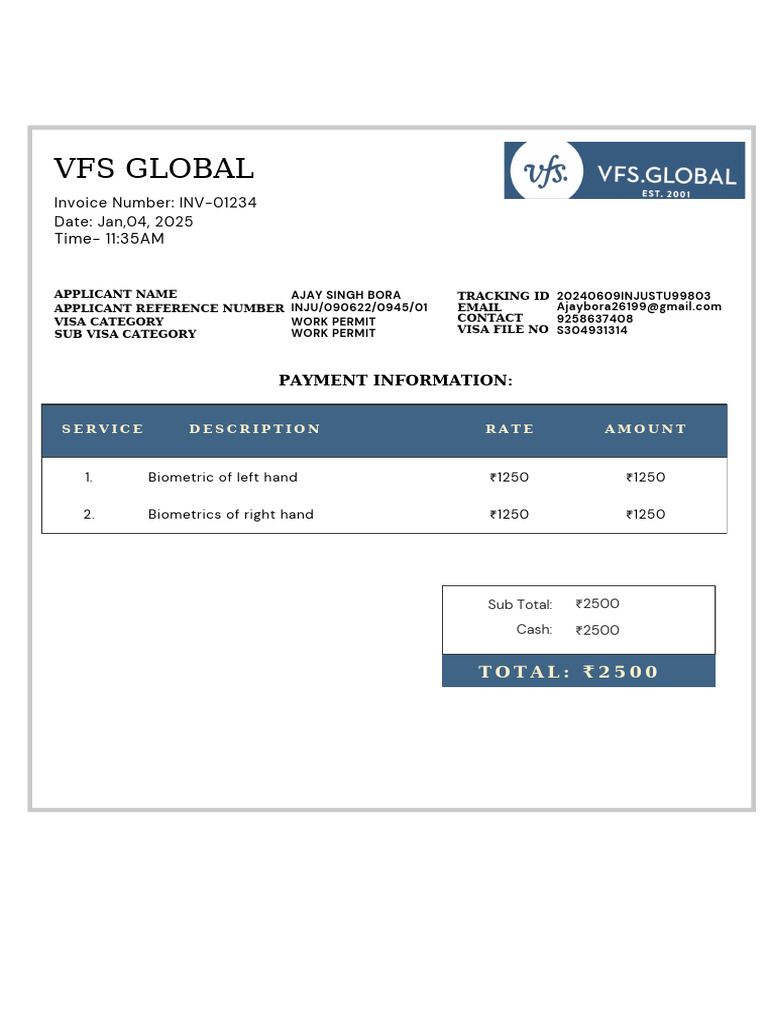 VFS Global Invoice for Work Permit | PDF