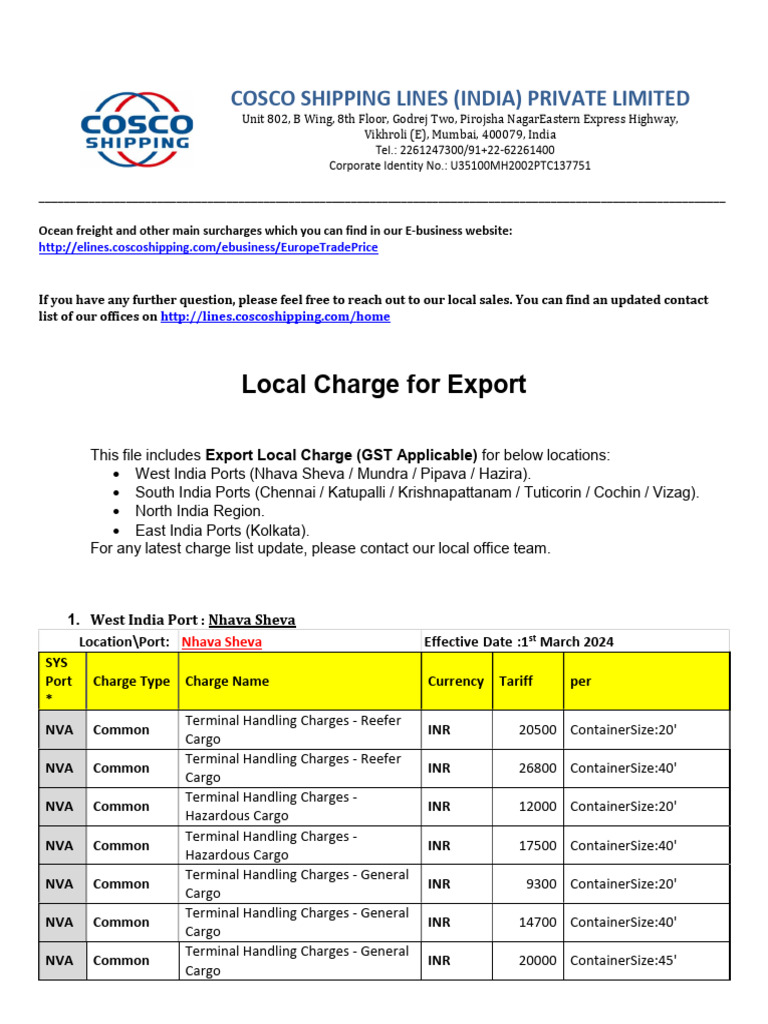 Export Local Charge - COSCO SHIPPING India - 6th May 2024 | PDF | Cargo ...