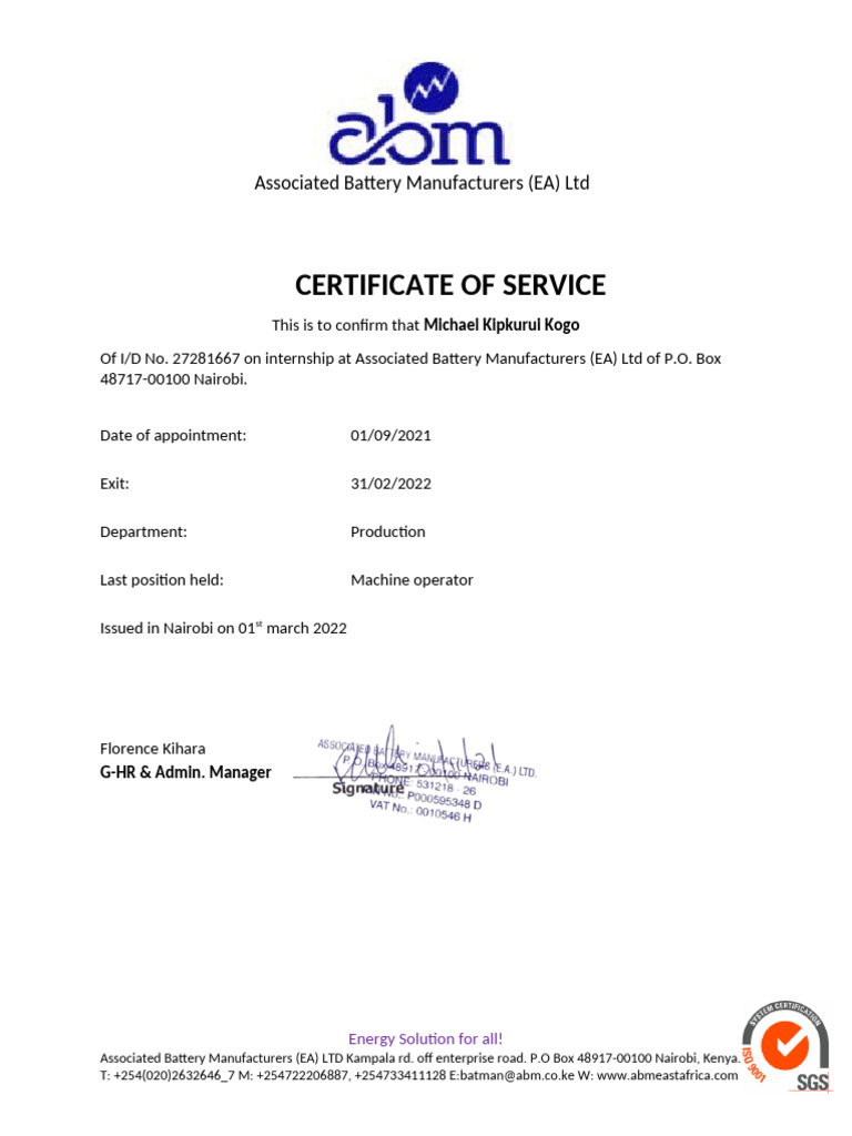Abm Certificate of Service | PDF