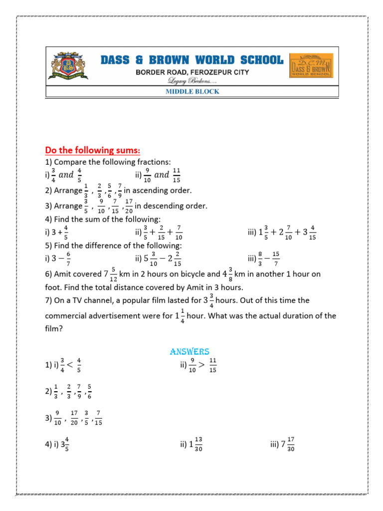 Grade VII Fractions Practice Worksheet | PDF | Mathematics