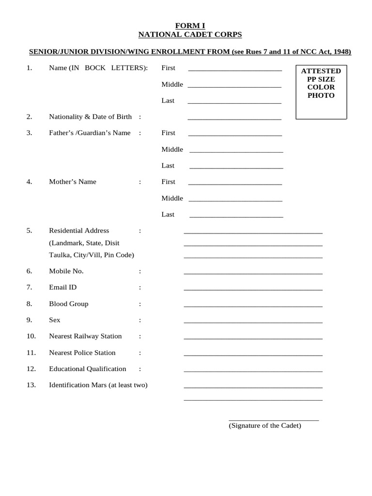 NCC Enrolment Form | PDF | Military Organization | Military Education ...
