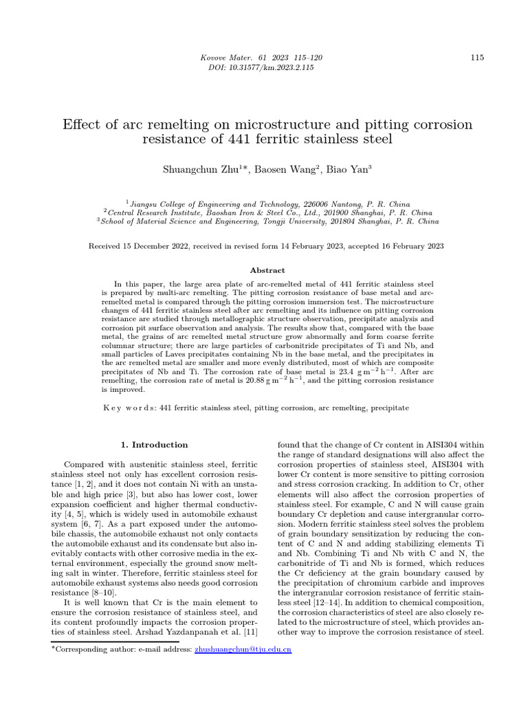 115-120 Effect of arc remelting on microstructure and pitting corrosion resistance of 441 ...