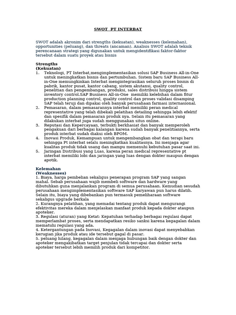 Swot Medicalrepresentative Pt Interbat | PDF
