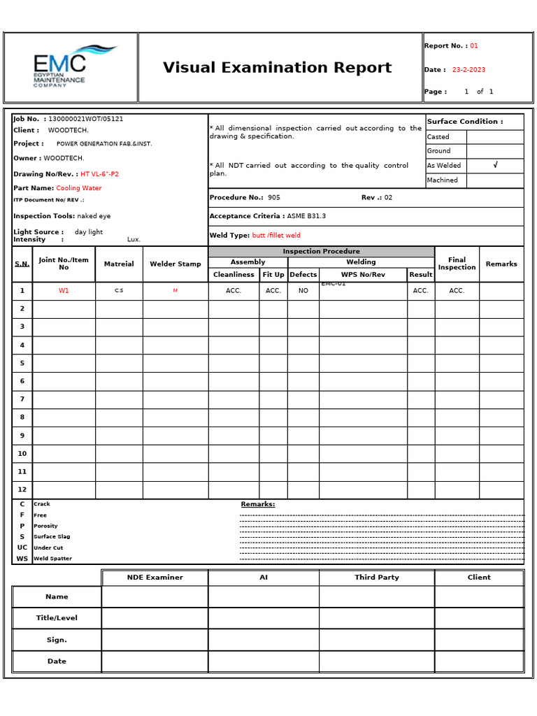 (VE-905-01) Visual Examination Report | PDF | Welding | Construction