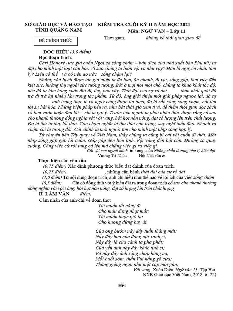De Kiem Tra Cuoi Hoc Ky 2 Ngu Van 11 Nam Hoc 2021 2022 So GDDT Quang Nam | PDF