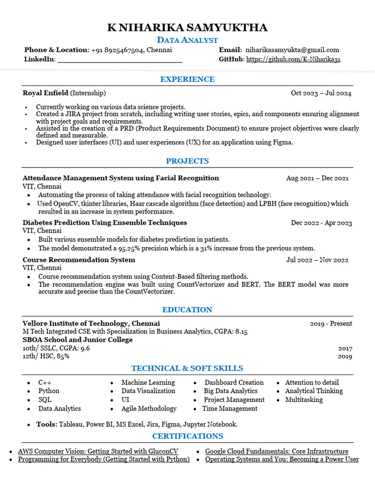 Niharika Resume | PDF | Analytics | Information Science