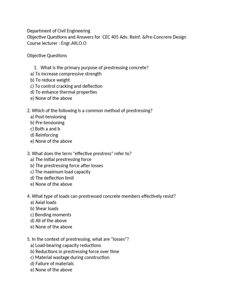 Department of Civil Engineering Objective Questions and Answers For CEC ...