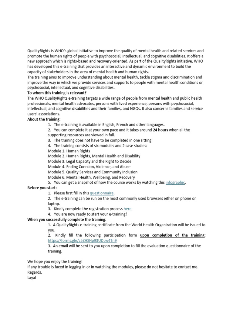 WHO QualityRights E-Training Info | PDF | Mental Health | World Health ...