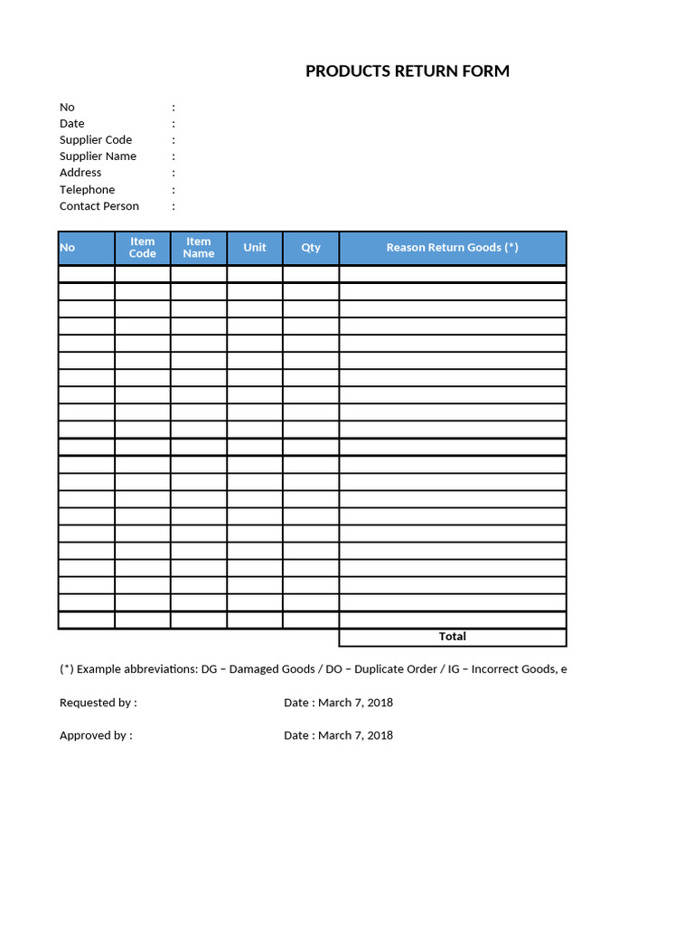 Product Return Form Template | PDF