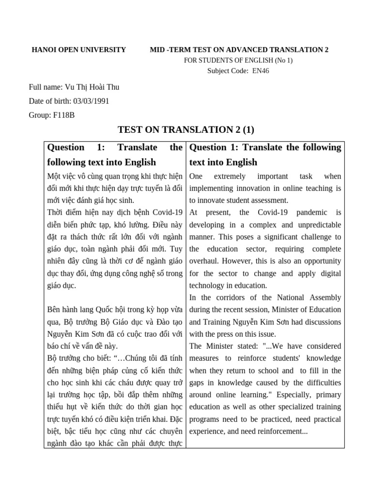 Vũ Thị Hoài Thu - En46 - Đề 1 | PDF