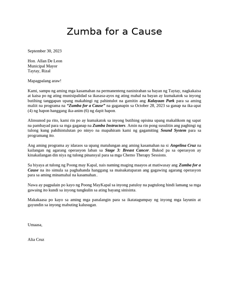 Zumba For A Cause Request Letter | PDF