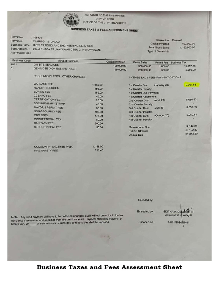 ITOS Business Taxes and Fees Assessment Sheet and or | PDF