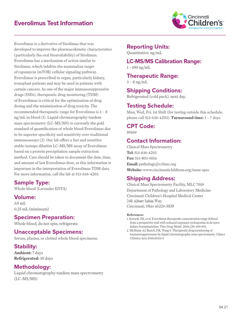 Everolimus Info Sheet FINAL | PDF | Mass Spectrometry | Medical Treatments