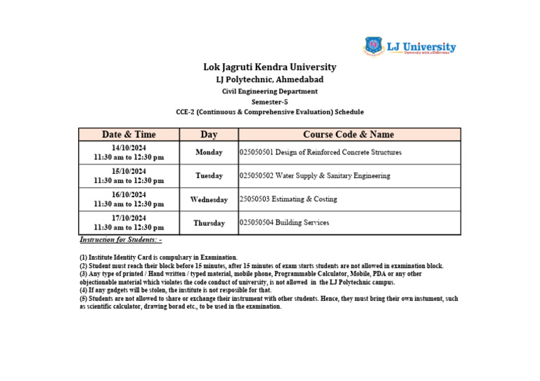 CCE 2 Schedule Semester 5 1 | PDF