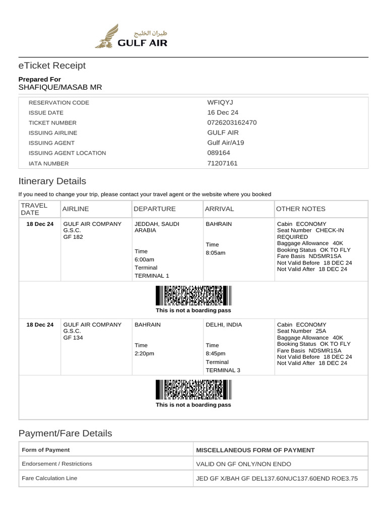 Electronic Ticket Receipt, December 18 For MR MASAB SHAFIQUE | PDF | Civil Aviation | Aviation