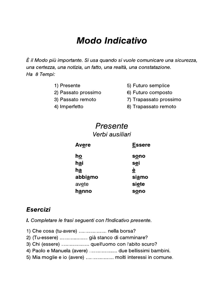 Presente Indicativo Esercizi | PDF