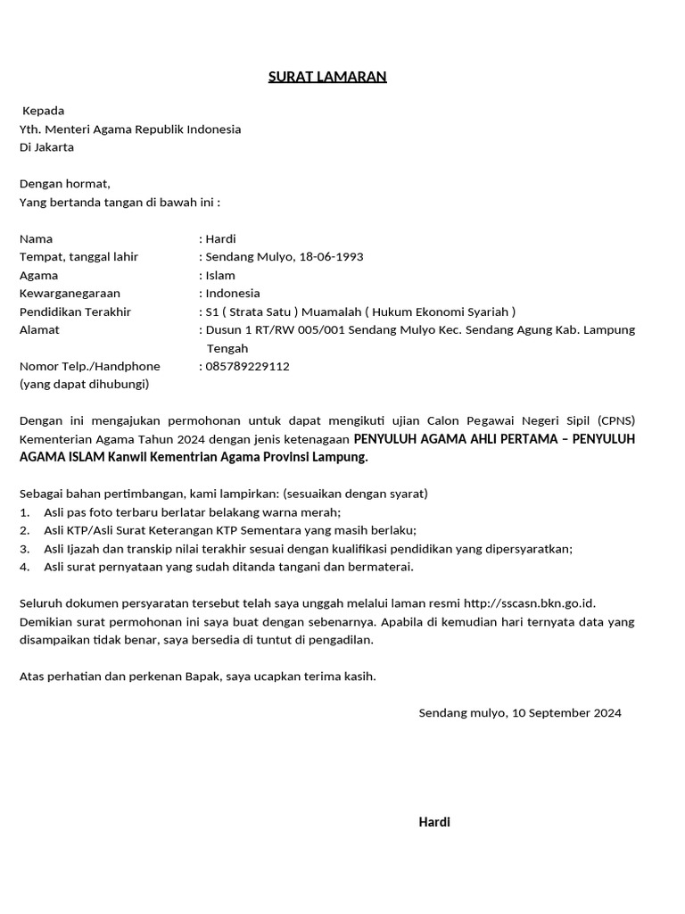 Surat Hardi 1 Lamaran Dan Pernyataan Kemanag 2024... | PDF
