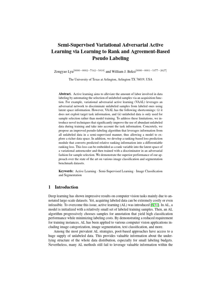 Semi-Supervised Variational Adversarial Active Lea | PDF | Deep Learning | Cluster Analysis
