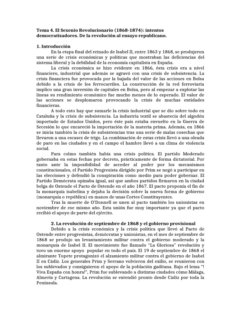 Tema 4. El Sexenio Democrático | PDF | Política de españa | España