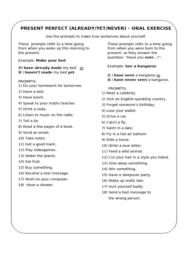 Present Perfect Oral Exercise Conversation Topics Dialogs 76816 | PDF