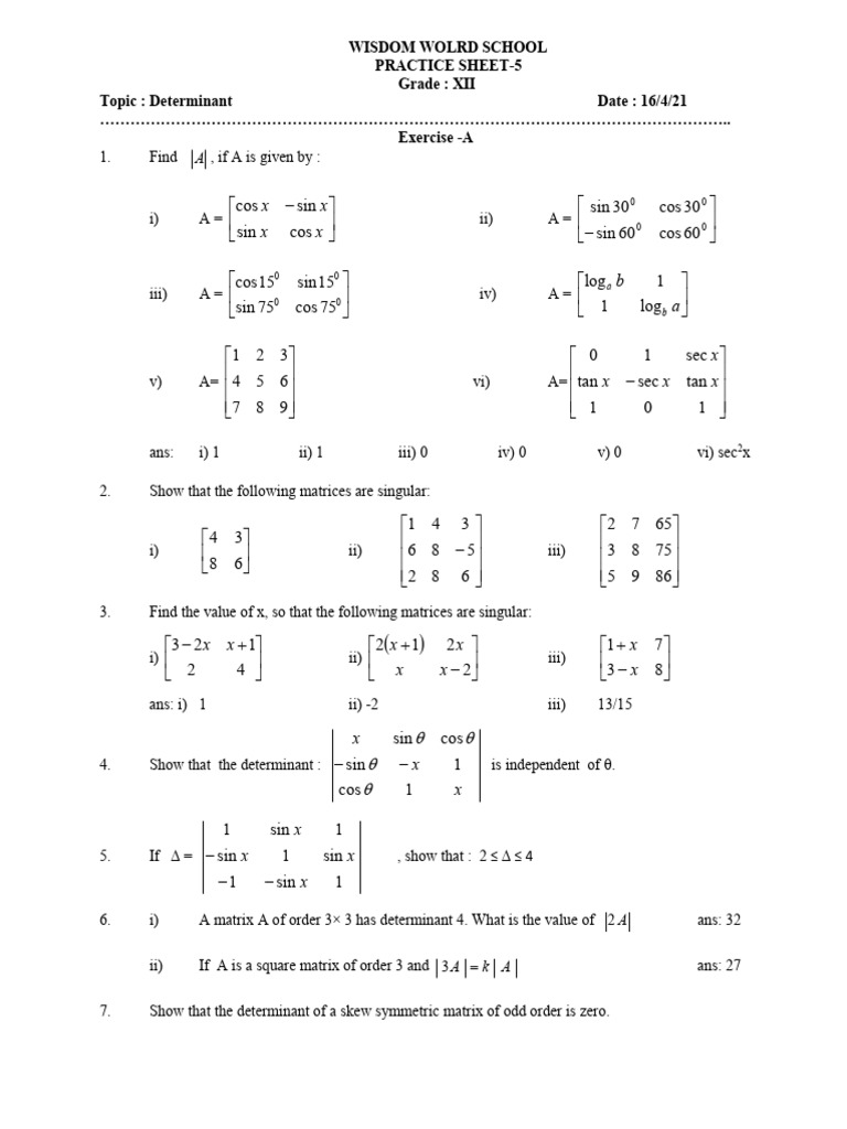 Matrix Sheet 5 Pdf Determinant Mathematics