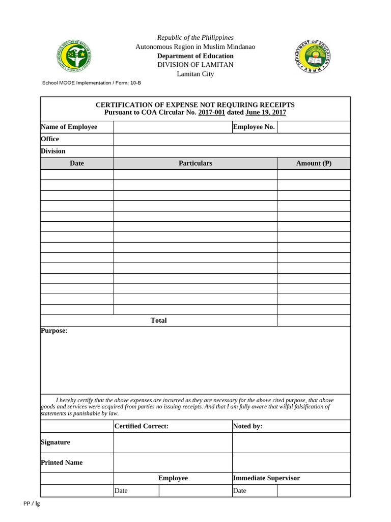 Form 10 B Certification of Expense Not Requiring Receipts | PDF