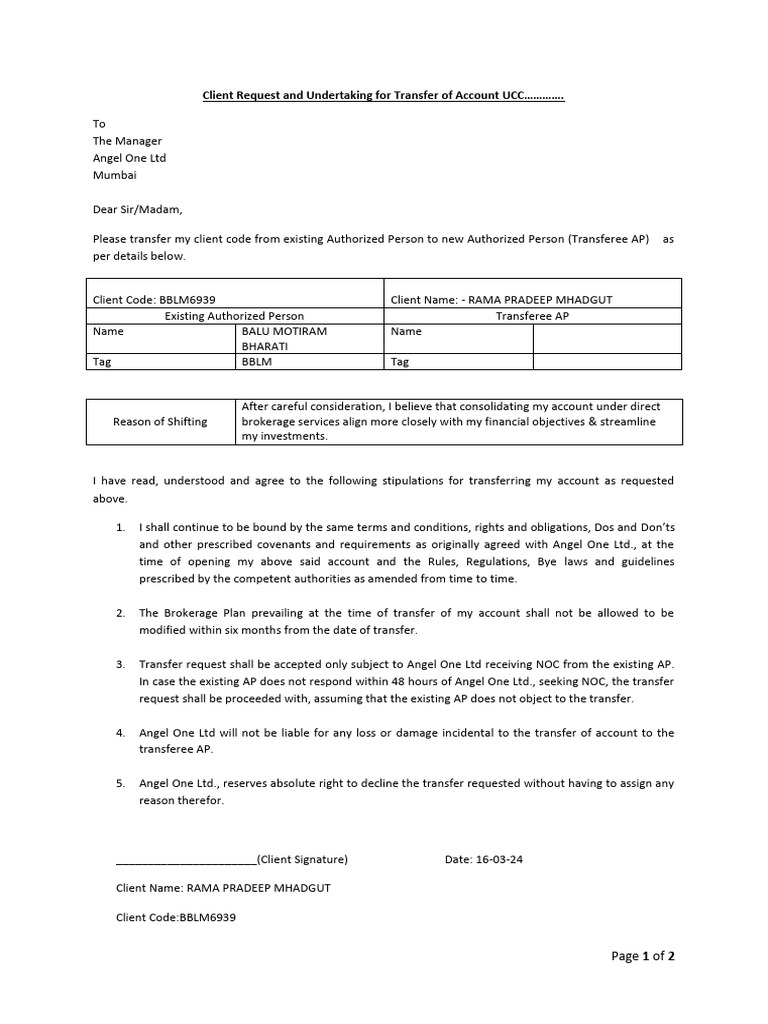 Client and SB Undertaking Angel One | PDF | Debits And Credits | Justice
