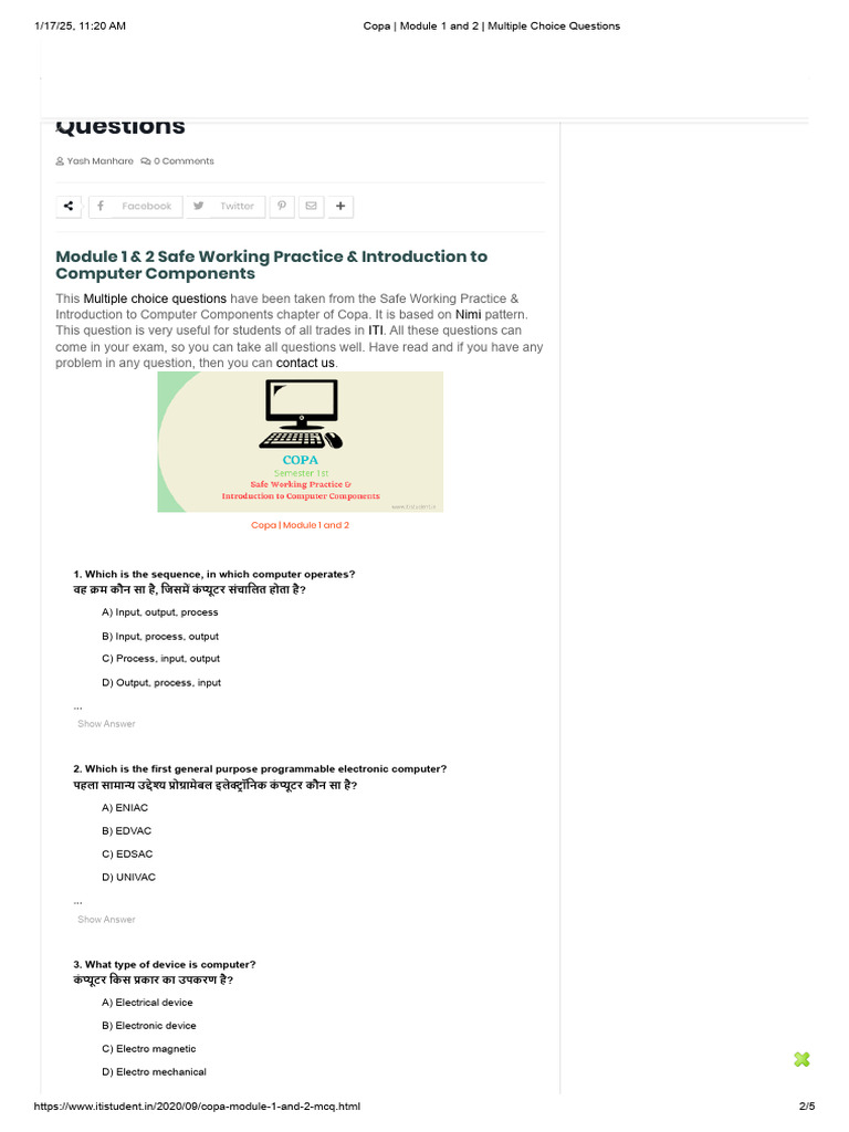Copa - Module 1 and 2 - Multiple Choice Questions | PDF | Bit | Classes Of Computers