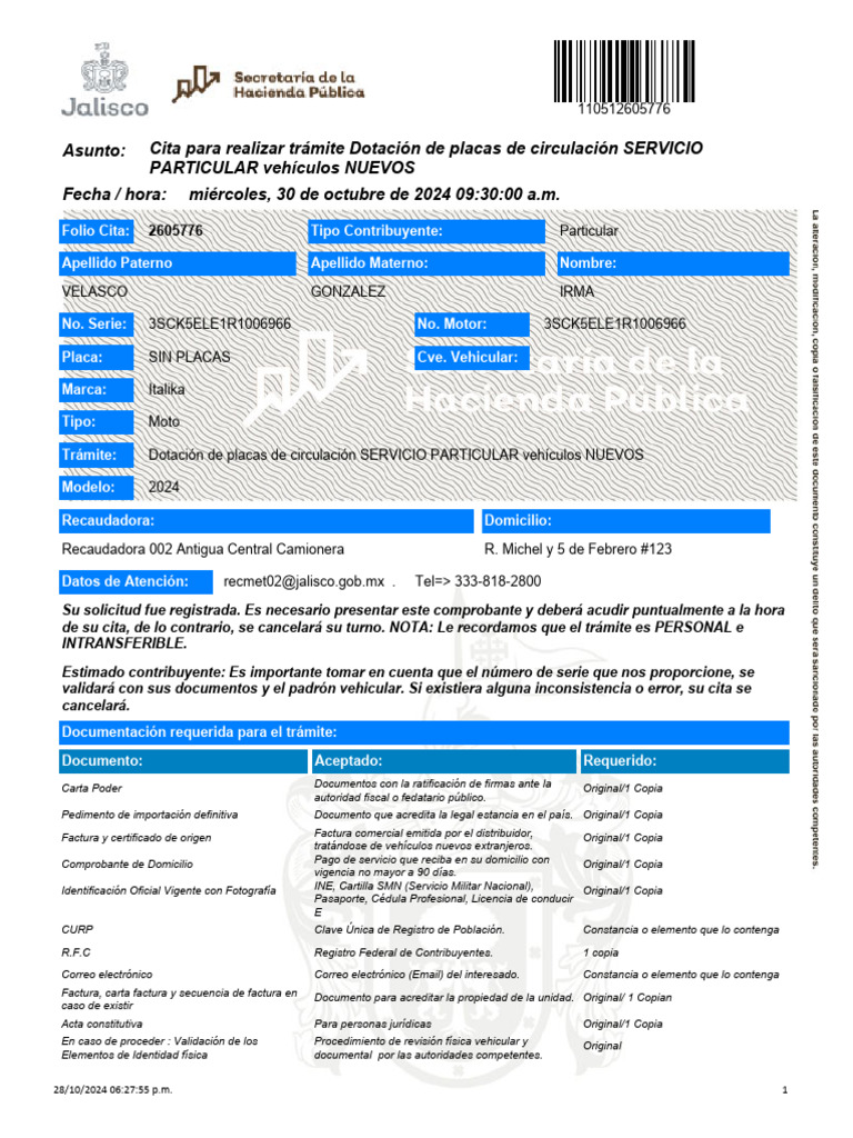 Formato V1J para Placas Jalisco | PDF
