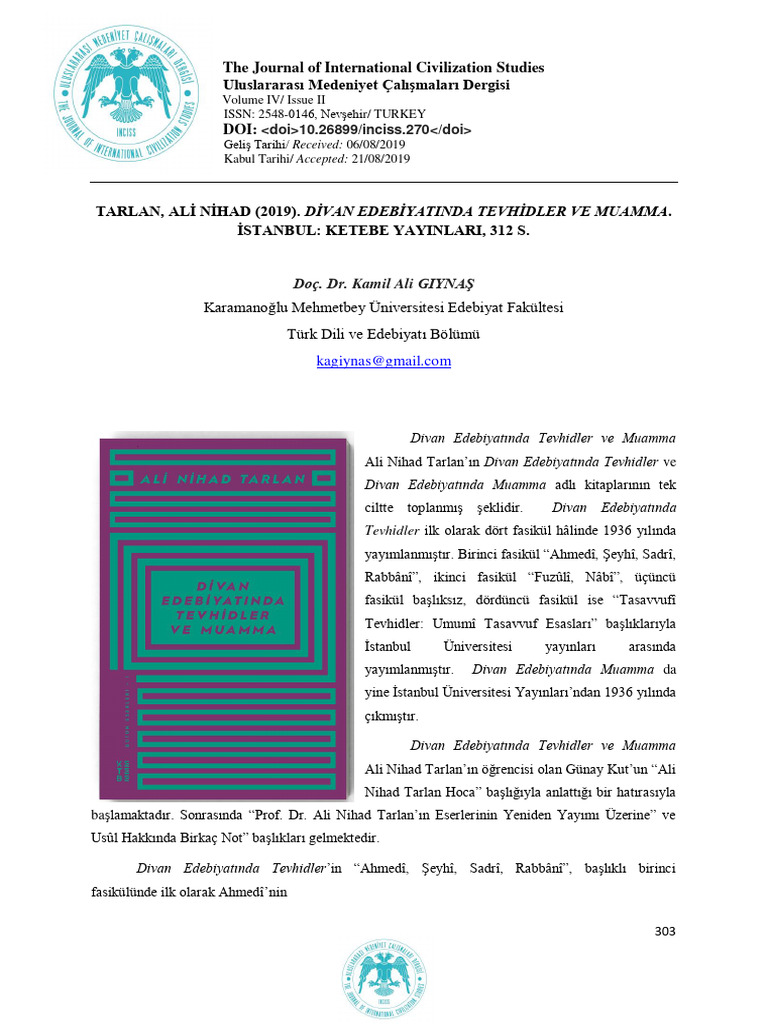 Tarlan Ali Nihad 2019 Divan Edebiyatinda | PDF
