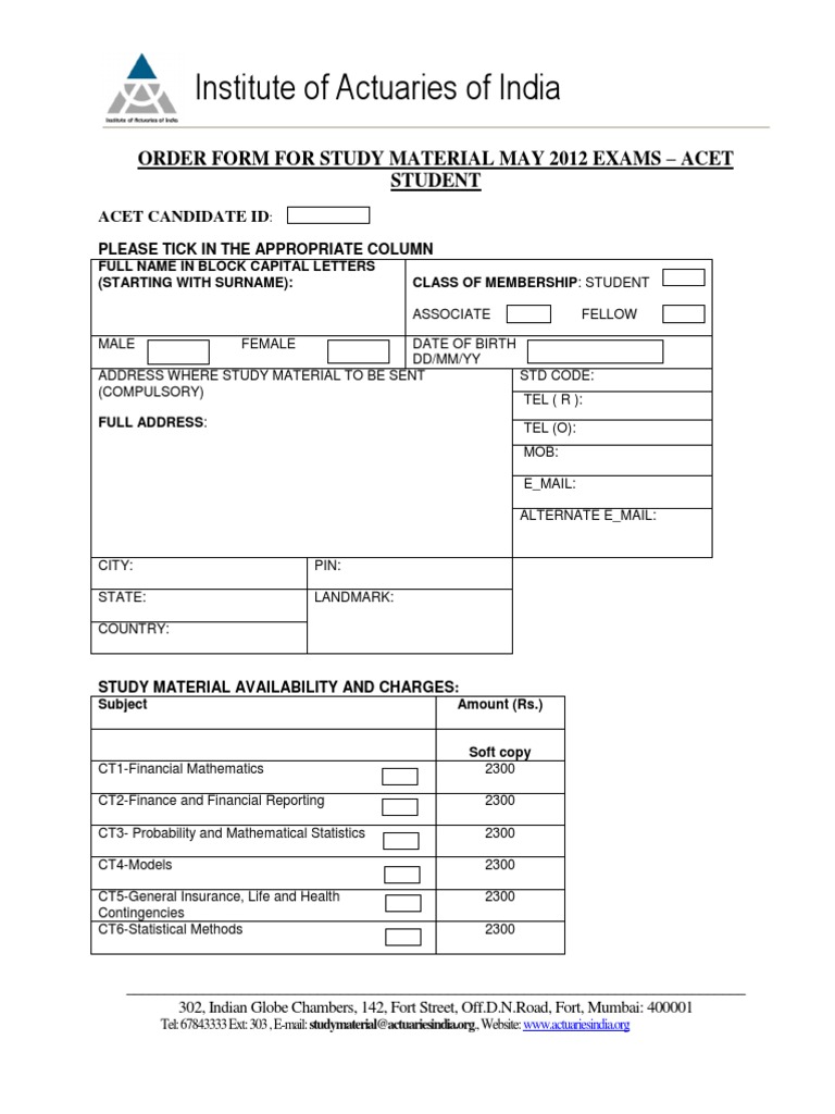 Acet - Order Form For Study Material For The Year 2012 | PDF | Actuary ...