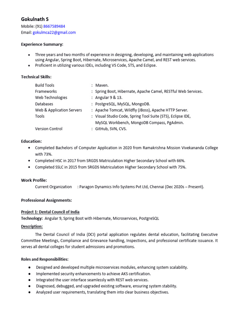 Gokulnath Resume | PDF | Databases | Postgre Sql