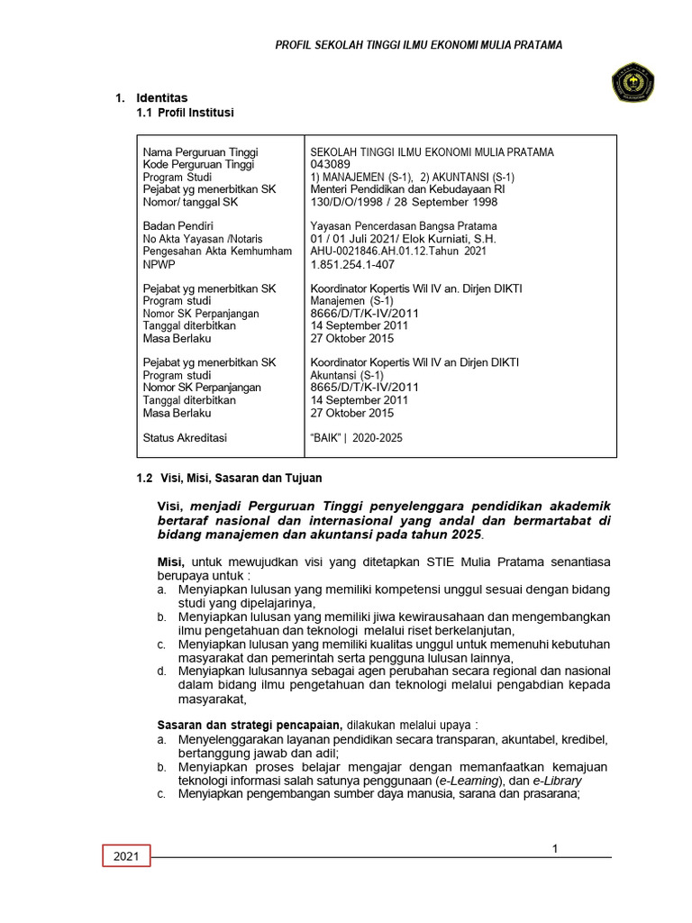 Profil STIE Mulia Pratama (2021) | PDF