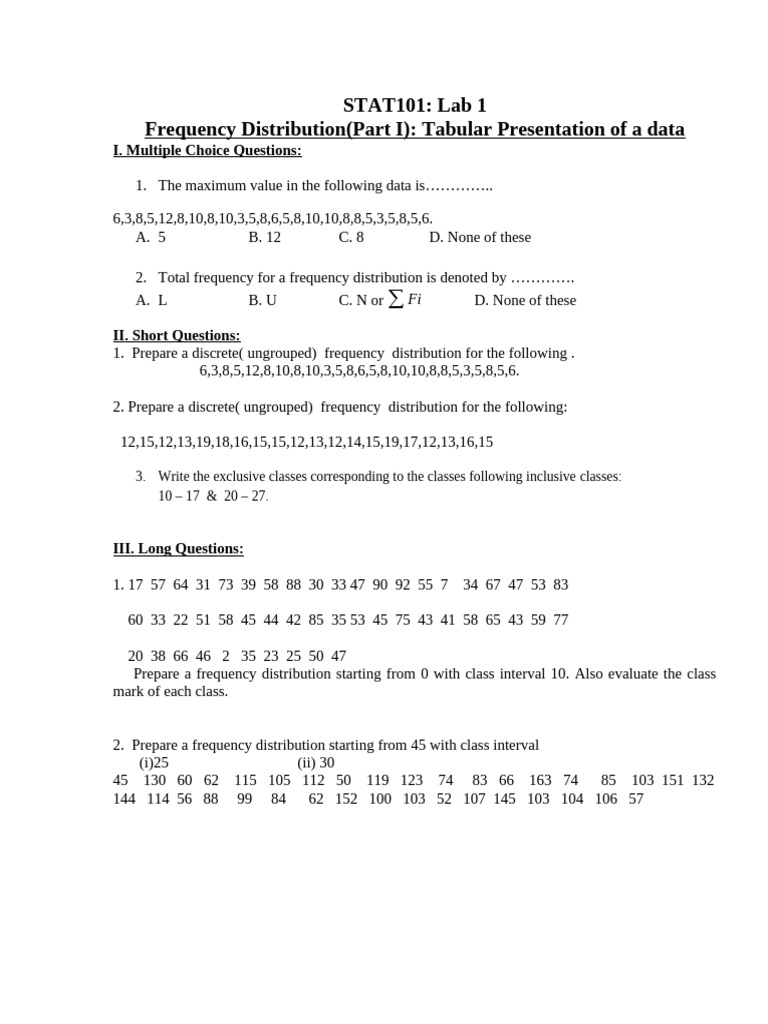 Frequency Distribution Lab Exercises | PDF