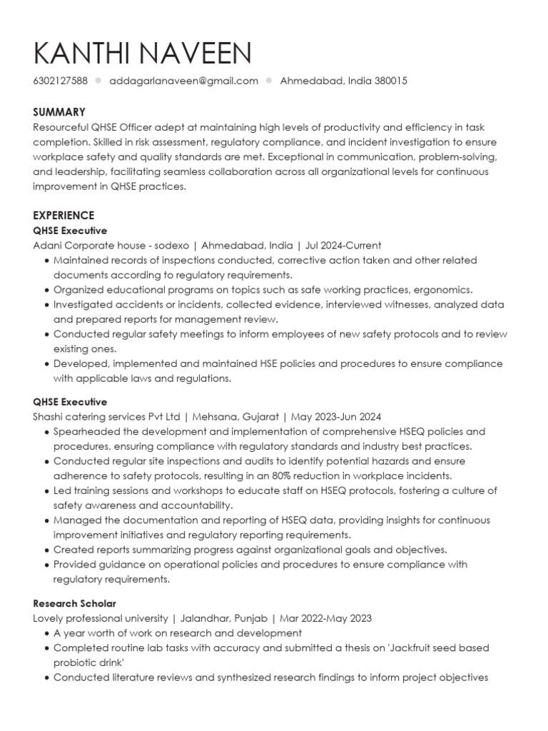QHSE Officer Resume and Experience Summary | PDF | Regulatory ...