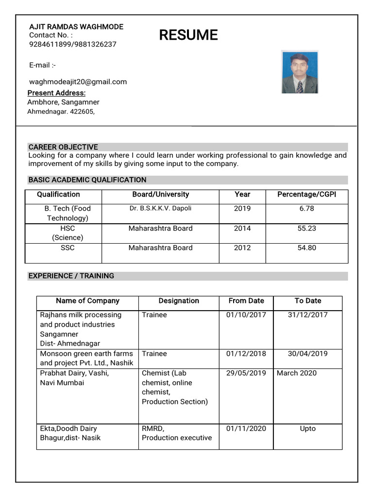 Food Technology Resume of Ajit Waghmode | PDF | Milk