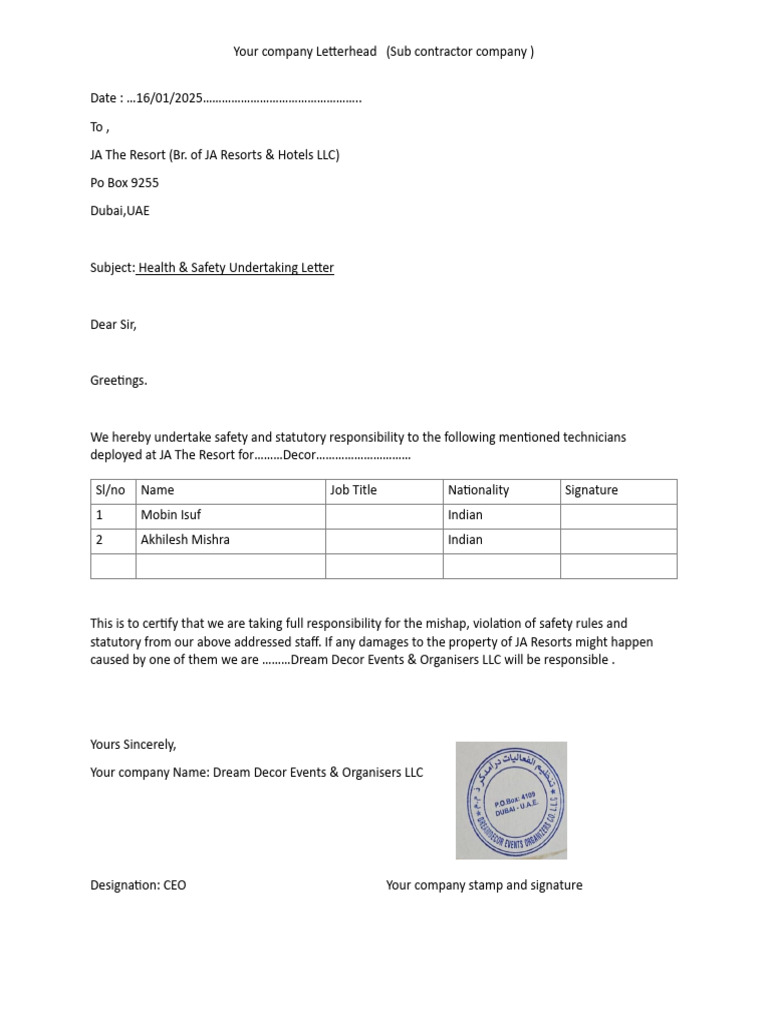 Subcontractor Undertaking Letter | PDF