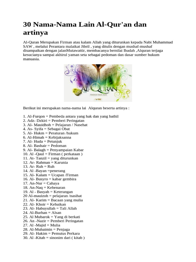 30 Nama Lain Al-Qur'an dan Artinya | PDF