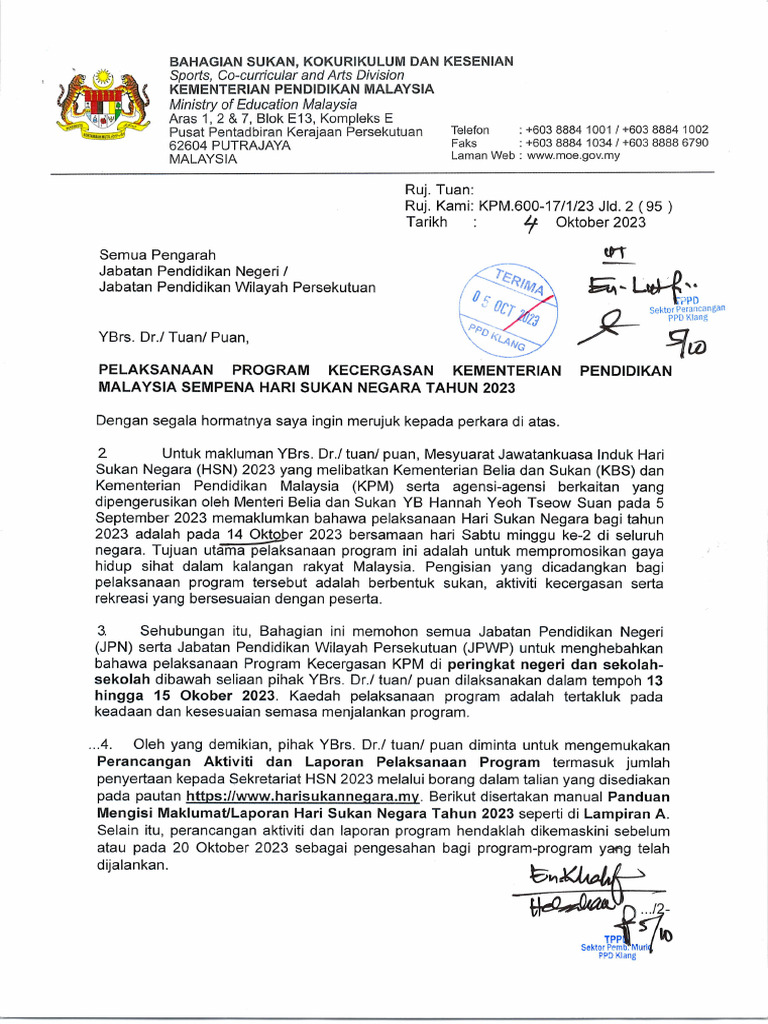 Pelaksanaan Program Kecergasan KPM Sempena Hari Sukan Negara 2023 | PDF