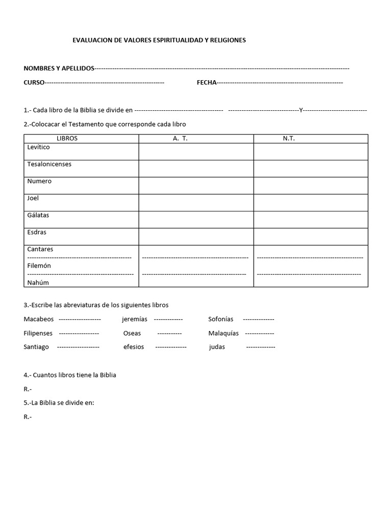 Evaluacion de Valores Espiritualidad y Religiones 3ro Tri Sec Avila ...