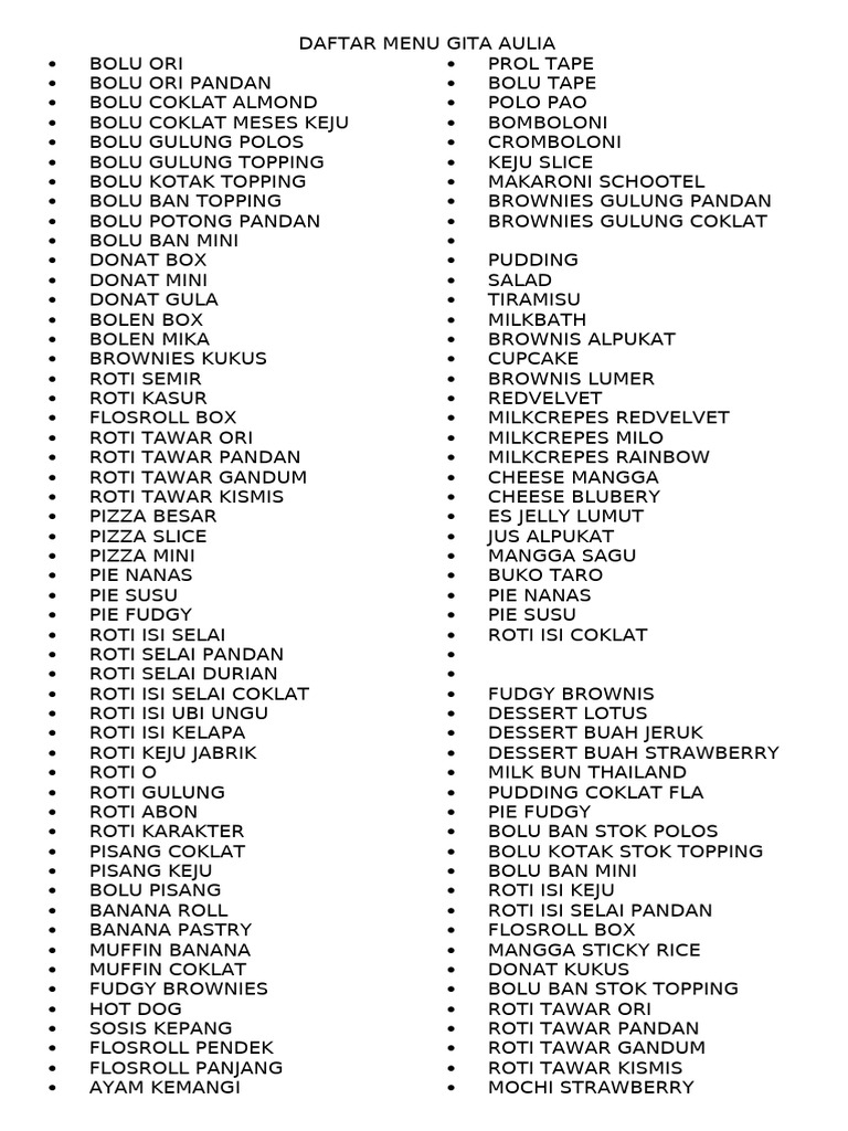 Menu Lengkap Gita Aulia Bakery | PDF